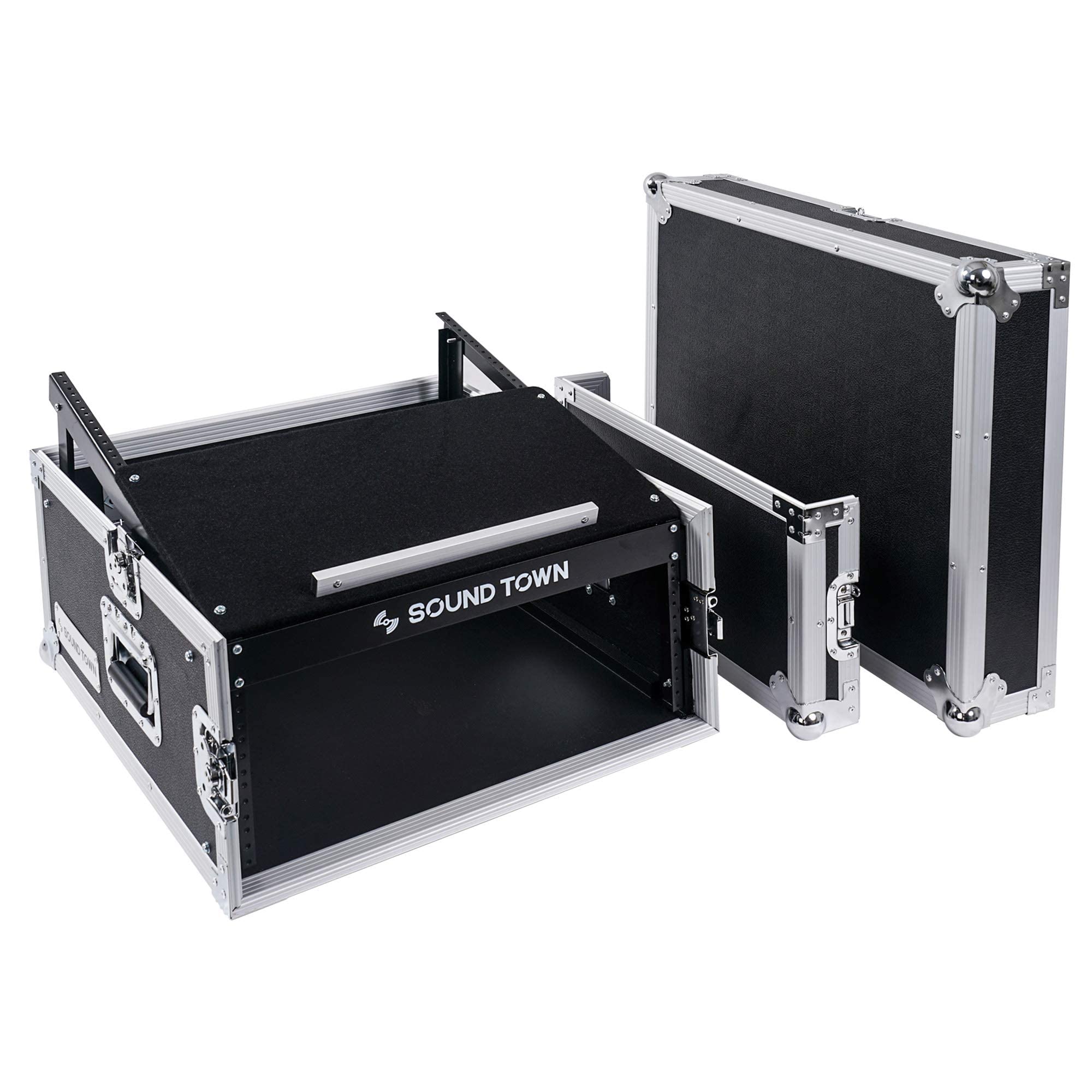 Sound Town 4U PA DJ Rack/Road Case with 11U Slant Mixer Top, 20ββ Rackable Depth, 4-Space Size - Pro Tour Grade (STMR-4US)