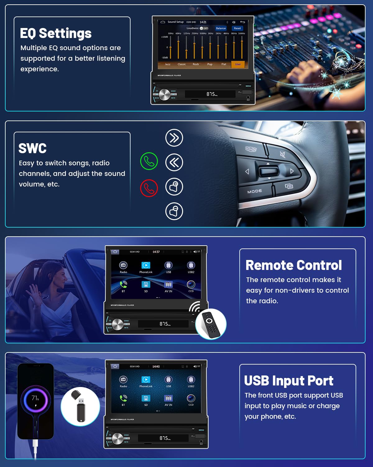 Roinvou Single DIN Car Stereo with Wireless Carplay Android Auto, 7'' Retractable Touch Screen Bluetooth Car Radio Support Mirror Link, Remote Control, FM/AUX-in/SWC/MIC, Multi-Color Button Lights