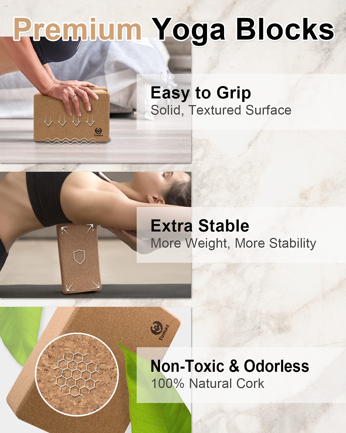 Tumaz Yoga Blocks 2 Pack with Strap Set, High Density/Lightweight EVA Foam Yoga Blocks or Non-Slip Solid Natural Cork Yoga Blocks Set & Premium Yoga Brick for All Yogi [E-Book Included]
