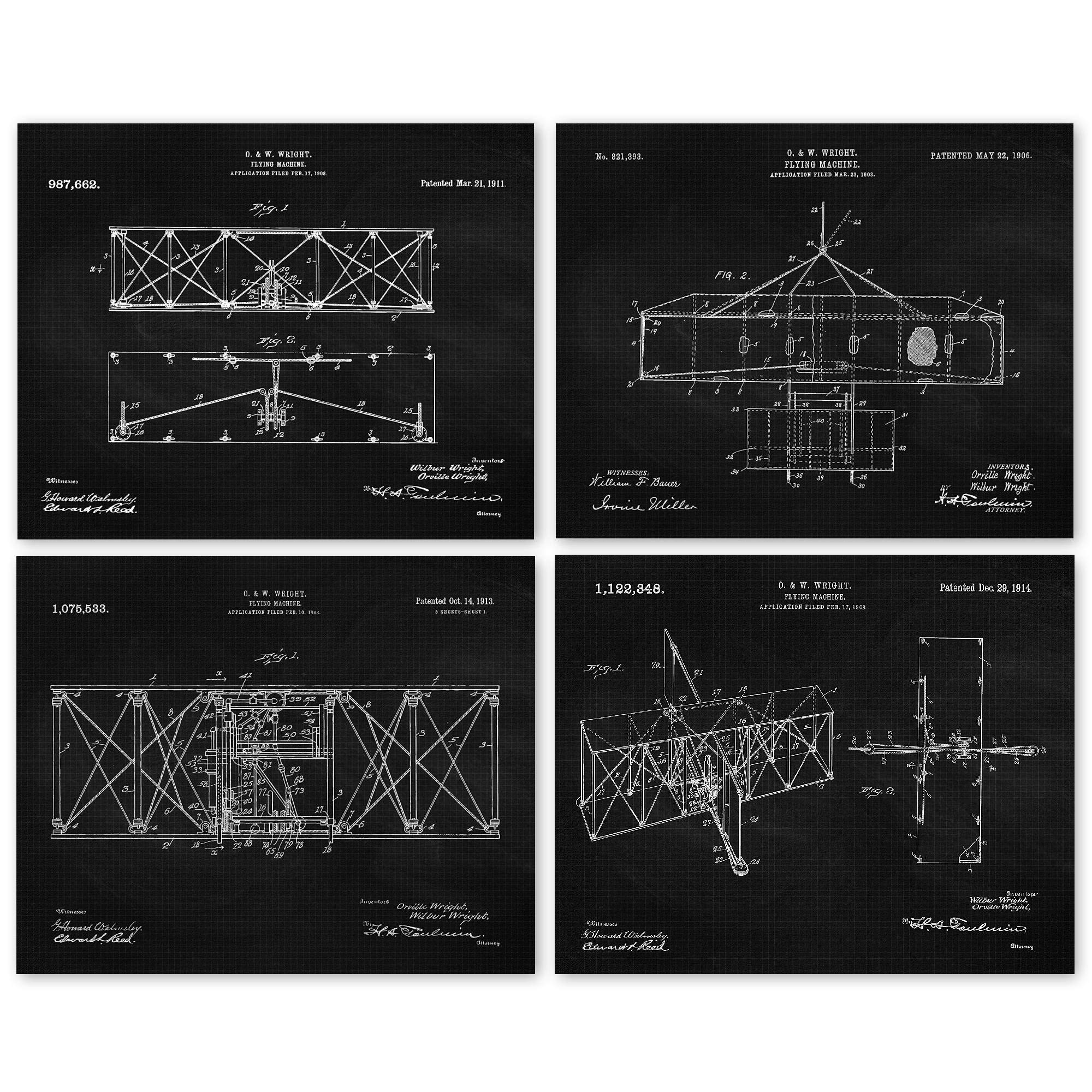 Vintage Airplane Flying Machine Patent Prints, 4 (8x10) Unframed Photos, Wall Art Decor Gifts Under 20 for Home Wright Brothers Office Man Cave Garage School Student Teacher Coach USA Invention Fans