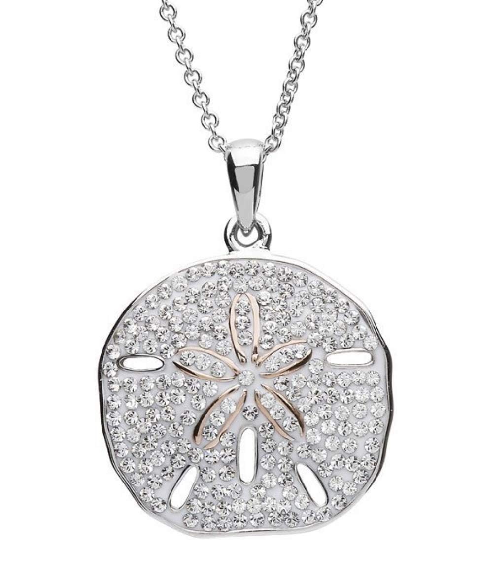 Sterling Silver and White Swarovski Crystal with Rose Gold Sand Dollar Pendant Necklace, 18" to 20" adjustable cable chain