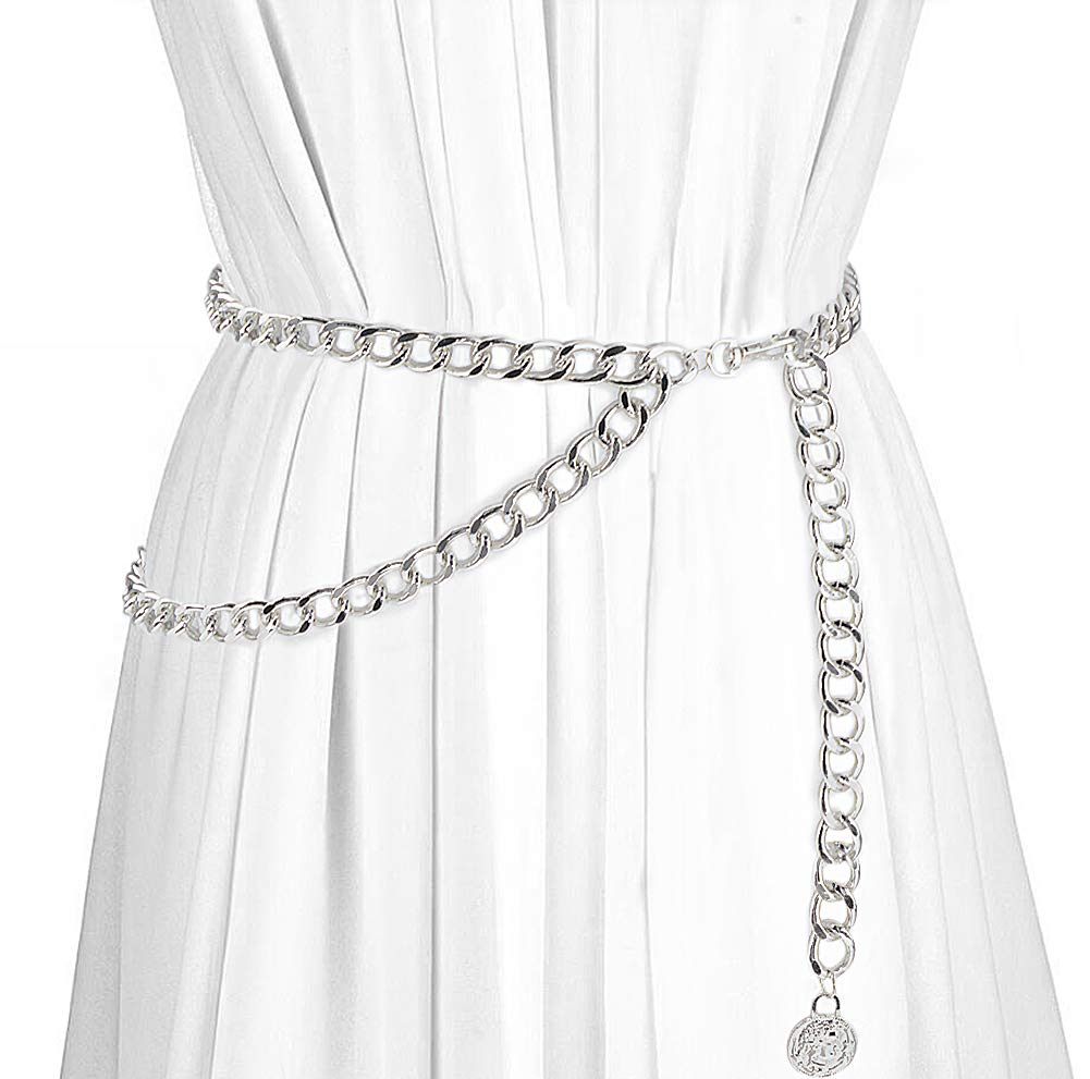 Suyi Silver Chain Belts for Women Girls Metal Waist Belt Double Layered Body Belly Chain Plus Size 130CM Silver