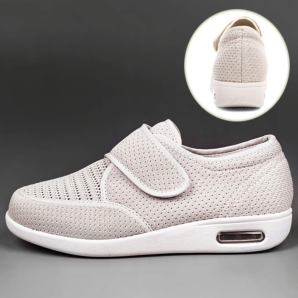 W&Le-Slippers Womens Breathable Mesh Air Cushion Walking Shoes, Wide Width Adjustable Diabetic Edema Sneakers for Elderly(9#, Beige)