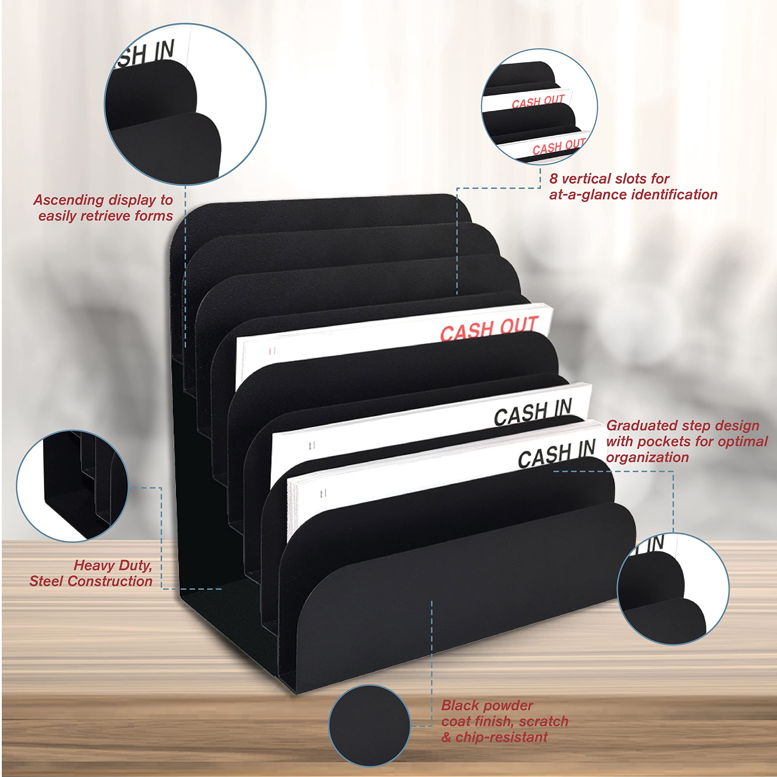 STEELMASTER by BankSupplies Steel Cashier Pad Rack | 8 Slot File & Desk Organizer | Paper Organizer | Black Powder Coat Finish | Scratch & Chip-Resistant | Forms, Applications, Deposit Slips & Checks