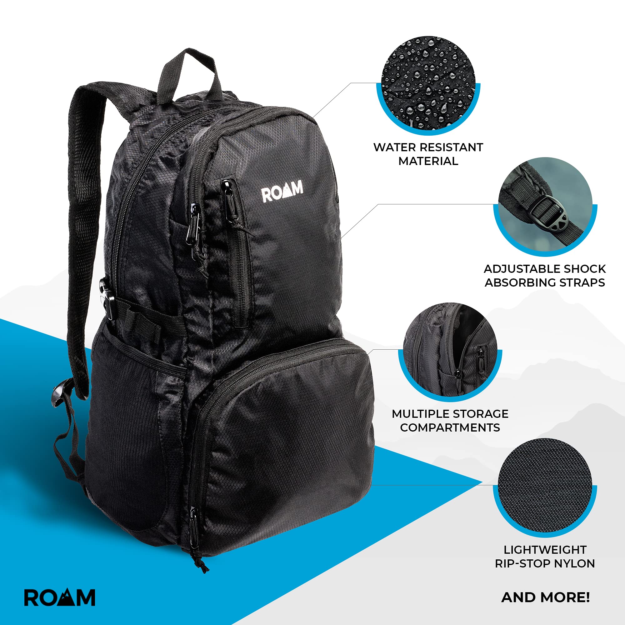 Roam 25L Hiking Daypack, Lightweight Packable Backpack, Rainproof, for Travel, Camping, Foldable, Durable, Water Resistant Ultra Light - Light Grey