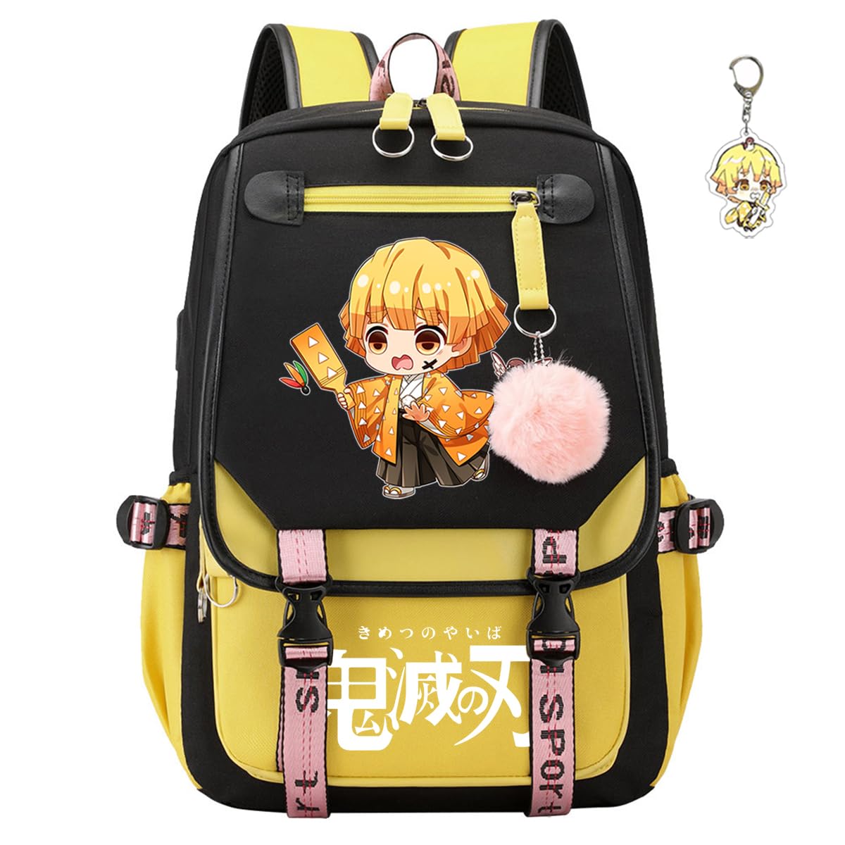SodaMeow Anime Demon Backpack Nezuko Slayer Bag Kimetsu no Yaiba Backpack Casual with USB Charging Port, Free Keychain (Yellow-Zenitsu-D)