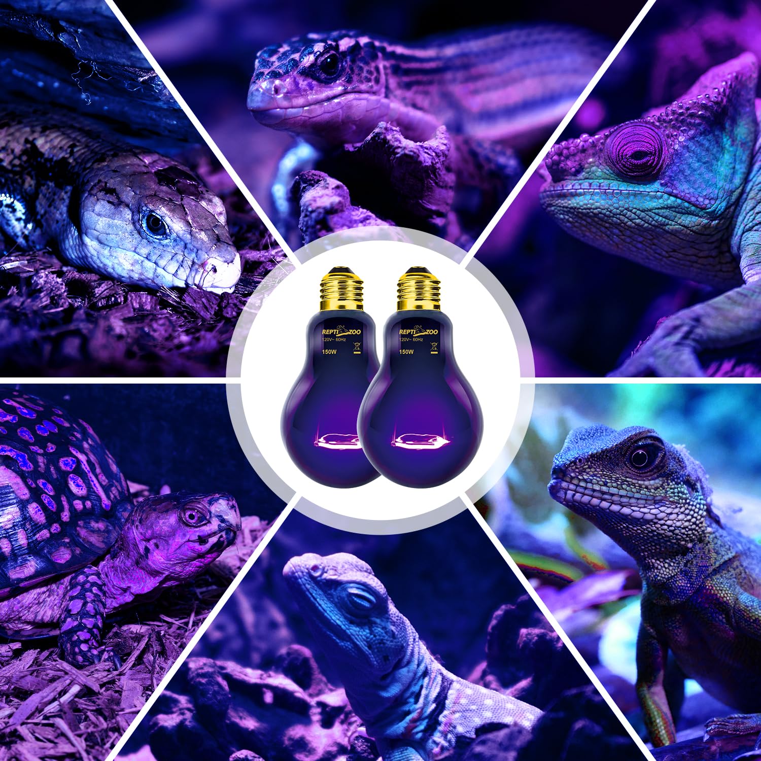 REPTIZOO 2PCS Reptile Heat Lamp, 150W Night Heat Lamp Moonlight Bulb Purple Infrared Heating Lamp Simulate Natural Moonlight Night Heat Bulb for Reptile Amphibian