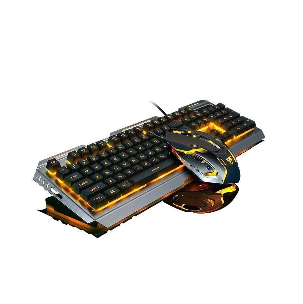 White Gaming Keyboard Mouse Combo,Membrane Keyboard RGB Color Changing Lighted Keyboard,PC Keyboard Computer Backlight USB Keyboard,Wired Gaming Keyboard,Gold Metal Frame,for Xbox One PS4 Game Gamer
