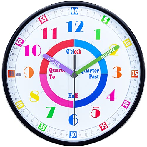 Telling Time Teaching Wall Clock, Silent Movement, Educational Wall Clock, Makes Kids Learning Time Faster and Fun. Its Perfect for Parents and Teachers, Decorate Kids Bedroom or Classroom,Black