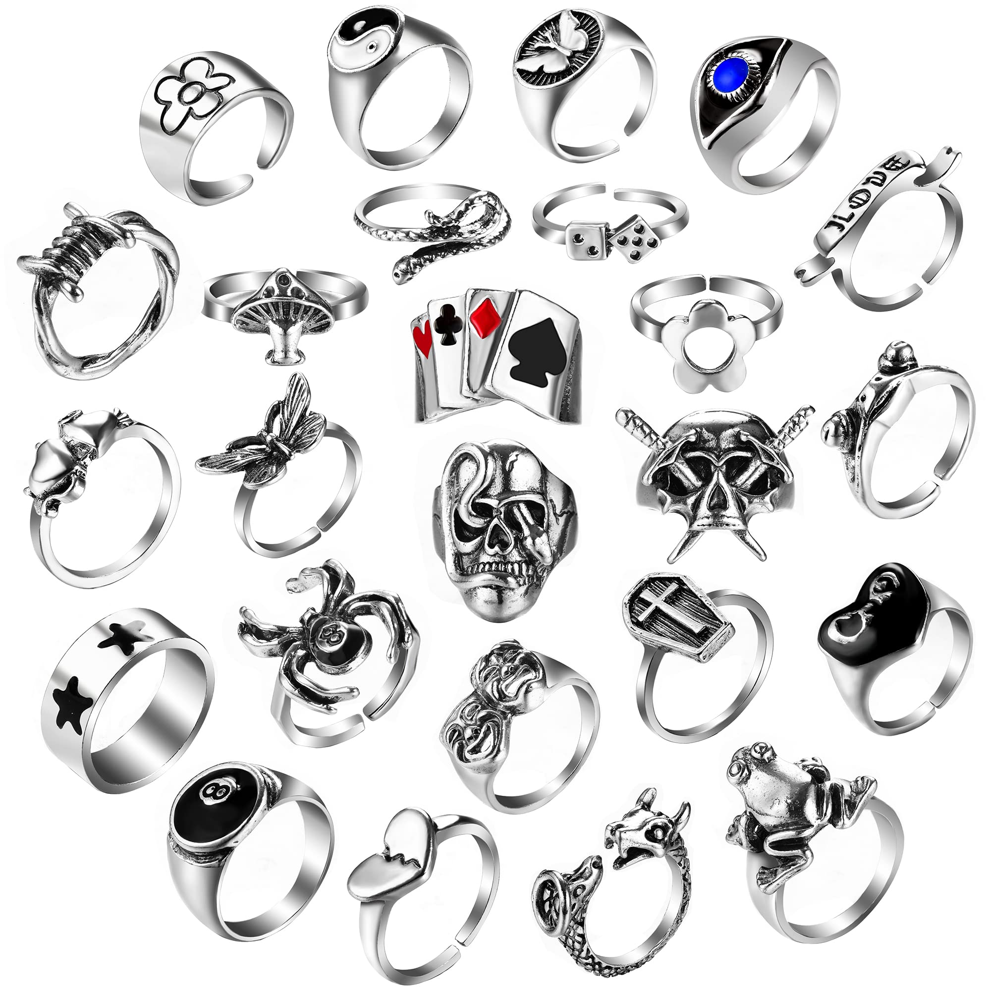 THUNARAZ Vintage Silver Gothic Punk Rings for Women Men Adjustable Skull Snake Frog Vintage Stackable Hippie Eboy Rings Cool Goth Ring Pack Y2K Jewelry Set
