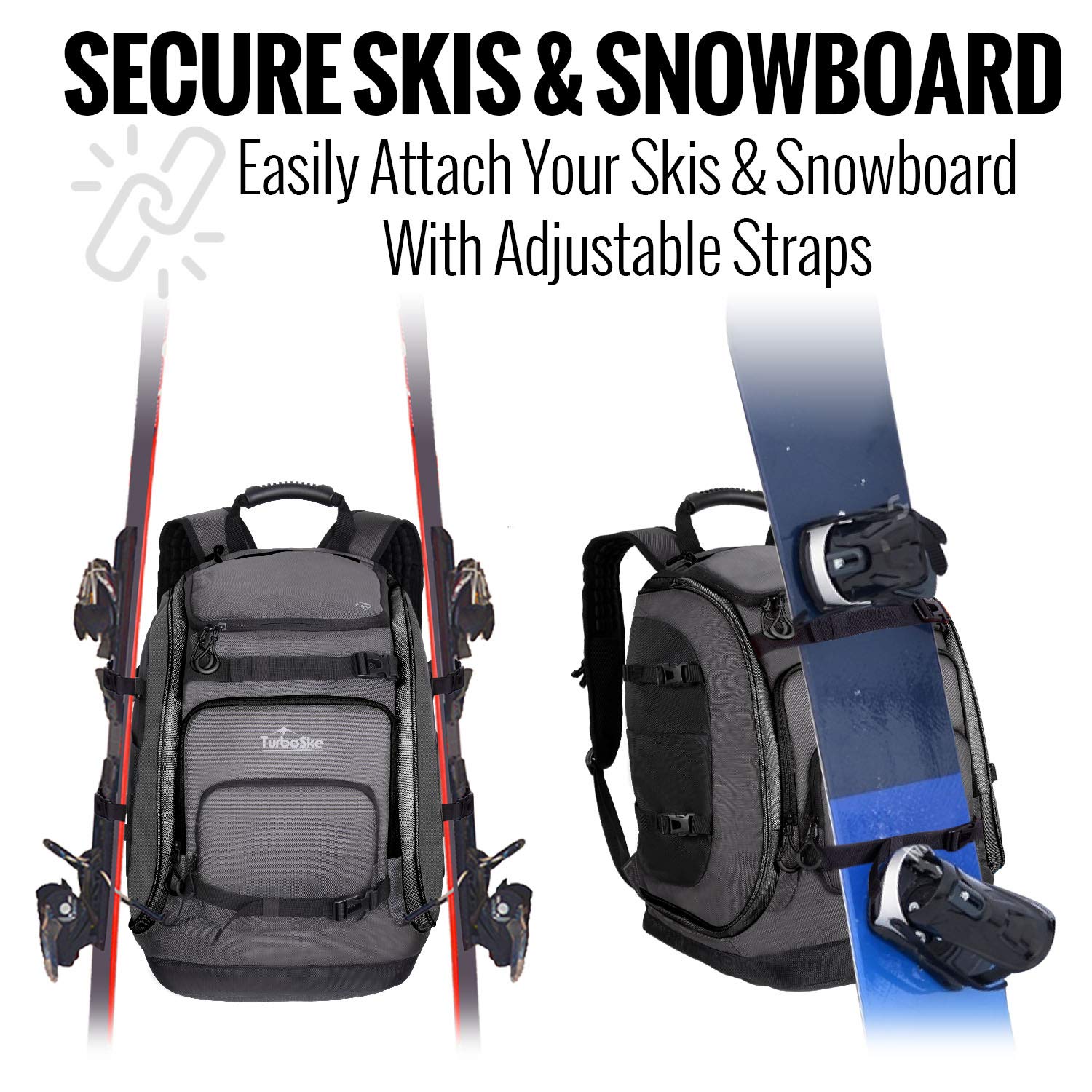 TurboSke Ski Boot Bag Backpack - 65L Waterproof Skiing Snowboarding Travel Luggage Backpack - Stores Boots Skis Snowboard Helmet Goggles Jackets Gloves & Other Accessories for Men & Women (Black)