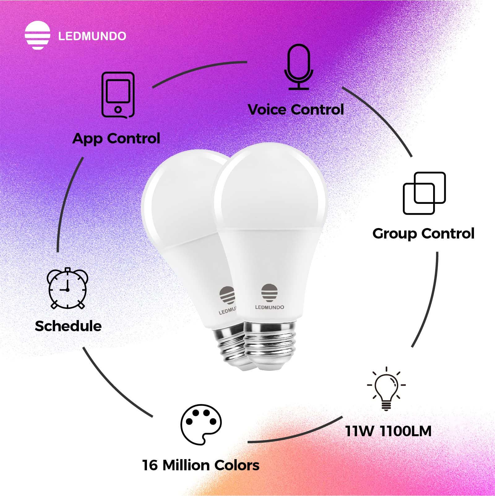Smart Light Bulbs, 2700K-6500K - 11W - 100W Equivalent - WiFi RGBCW A19 LED Bulb E26 Base - 1100LM - WiFi Light Bulb - Color Changing Bulb, Compatible with Alexa/Google Home, 4 Pack