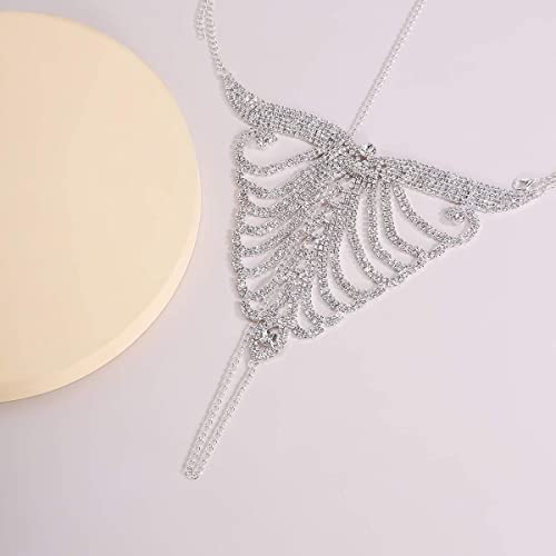 Salircon Glitter Rhinestone Top and Thong Women's Rhinestone Bikini Body Chain Adjustable Plus Size Bra and Panty Set (Silver 2 Underwear)