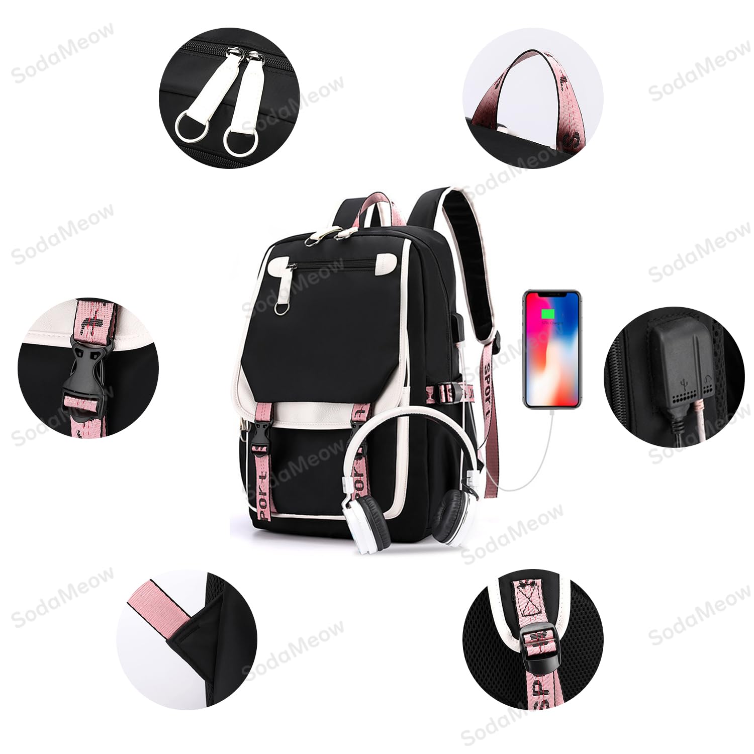 SodaMeow Genshin Impact Backpack Unisex Venti Klee Rucksack Hu Tao Xiao Bag with USB Charging Port, Free Keychain (Pink-A03)
