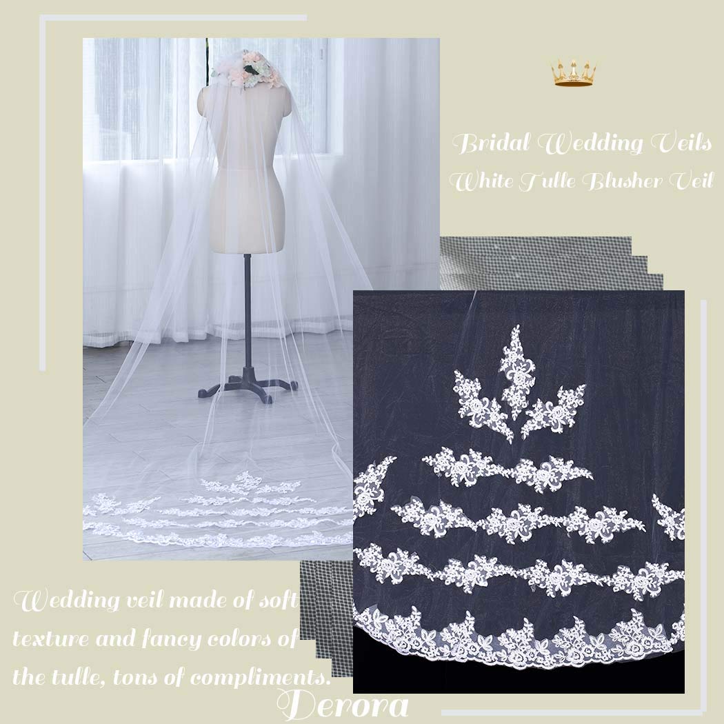 Salliy Aiosy Layer Wedding Veil Bridal Veil Embroidery Lace Edge Bride with Comb Cathedral Length Hair Accessories (White) (White)