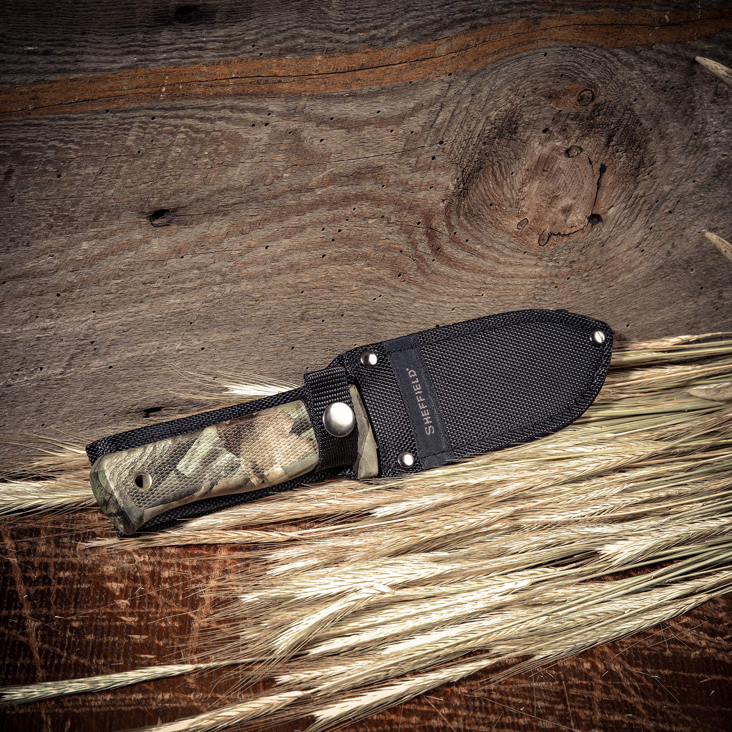 Sheffield 12185 Bax Camo Fixed Blade Hunting Knife with 4.5 Drop Point Blade, Full Tang, Camouflage Slip-Resistant Handle, For Skinning Game, Camping, Defense, & More