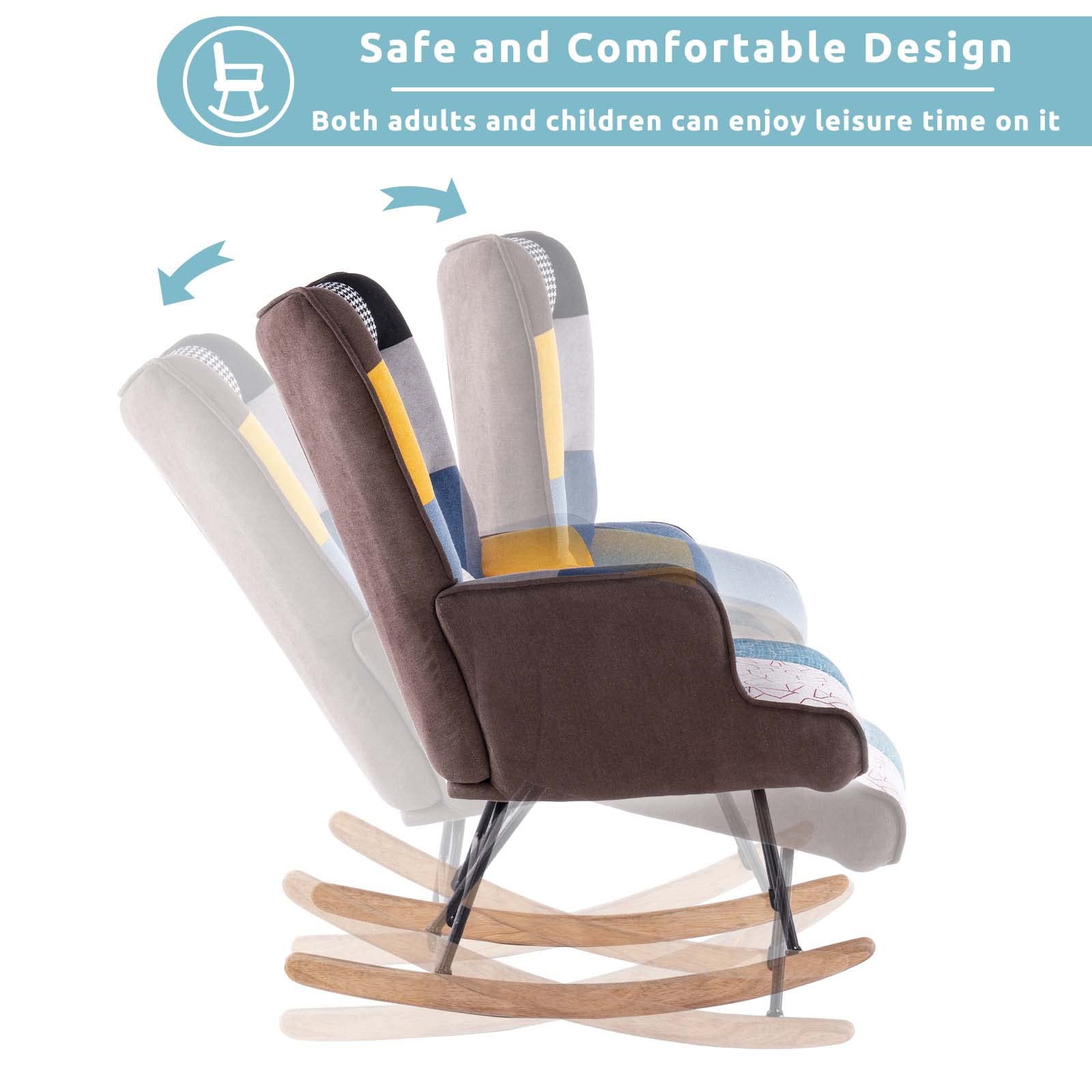 RichFire Rocking Chair, Tufted Upholstered Rocking Chair for Nursery, Comfy Wingback Glider Rocker with Safe Solid Wood Base for Living Room Bedroom Balcony (Patchwork A)
