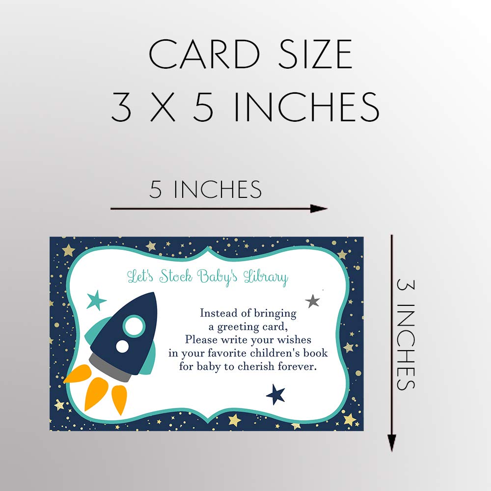Space Baby Shower Bring A Book Cards Rocket Ship Outer Space Sprinkle Book Inserts Ship Stars Moon Countdown 321 to Baby Spaceship Stripes Aqua Navy Blue Boys It's A Boy (25 Count)