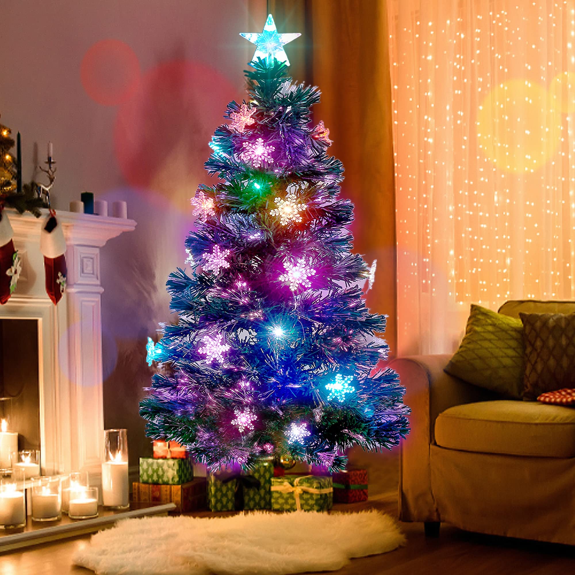 Prsildan 5 FT Artificial Christmas Tree, Pre-Lit Optical Fiber Xmas Trees with Multicolor LED Lights, Snowflakes & Top Star, Lighted Christmas Tree Holiday Home Decor