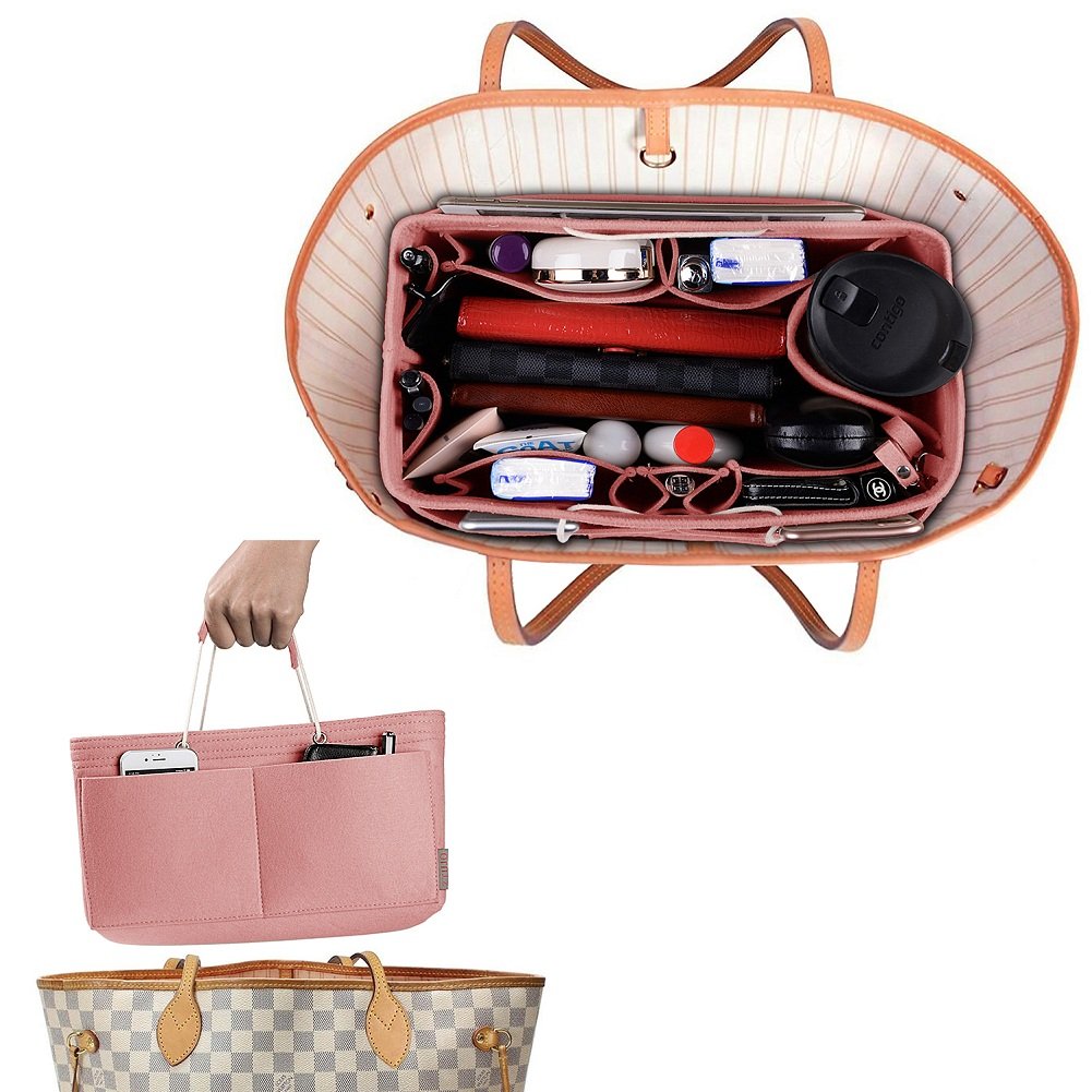 ZTUJO Purse Organizer, Multi-Pocket Felt Handbag Organizer, Purse Organizer Insert with Handles, Medium, Large, X-Large (Slender Medium,Brush Pink)