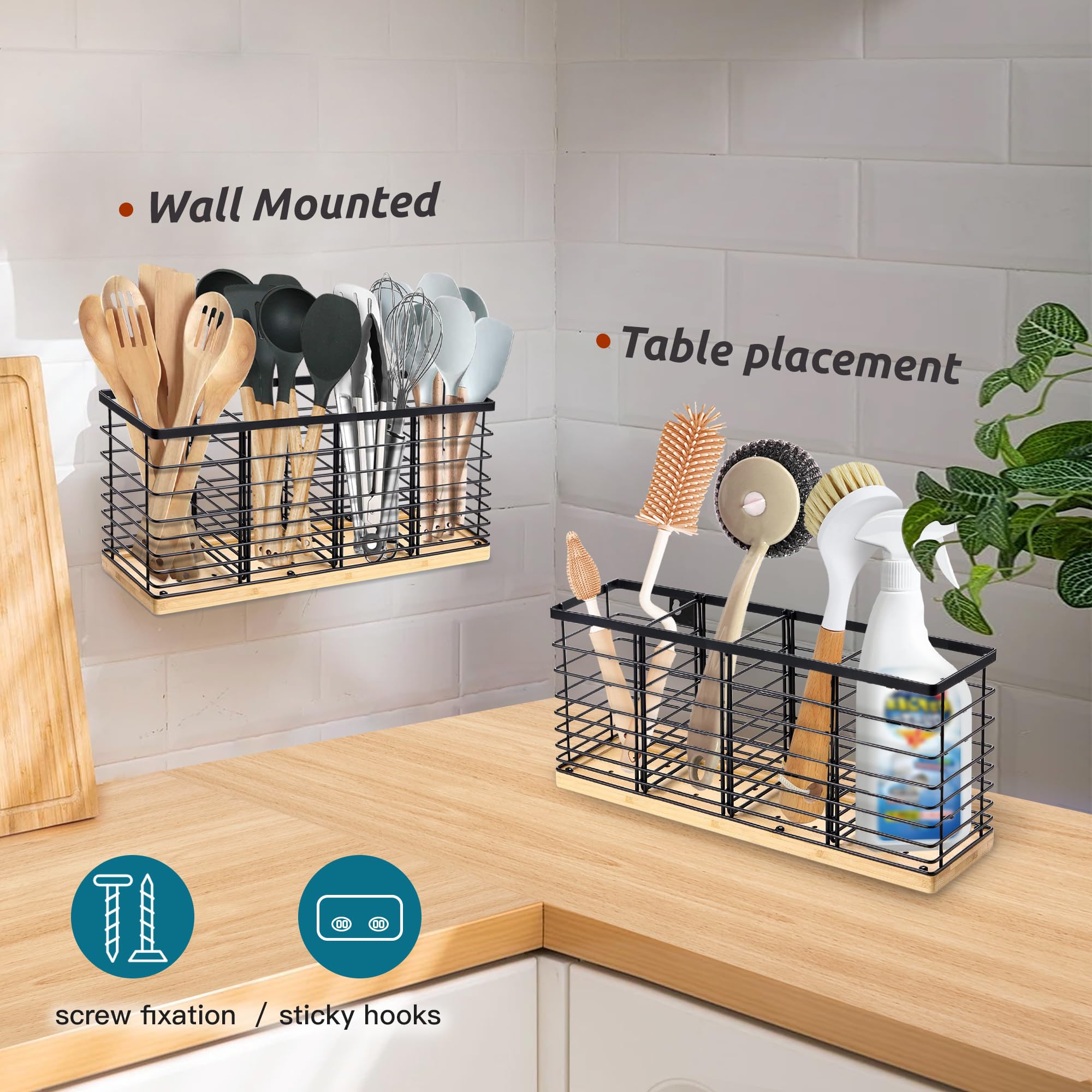 Suli Extra Large Kitchen Utensil Holder with 4 Compartments,Matte Black Metal holder with Wooden Base for Kitchen Countertop,Farmhouse Cooking Utensil Storage, Rustic Cooking Utensil