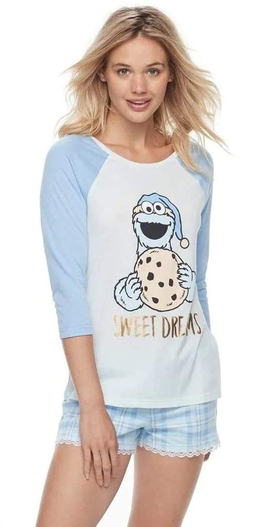 Sesame Street Junior Women's Cookie Monster Shortie Pajama Set with Lace Trim, Large Blue