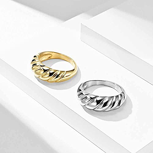 VQYSKO Silver Croissant Braided Twisted Ring fo Woman Man-18K Gold Plated Cute Simple and Elegant StackableStainless Steel Jewelry, Size 11