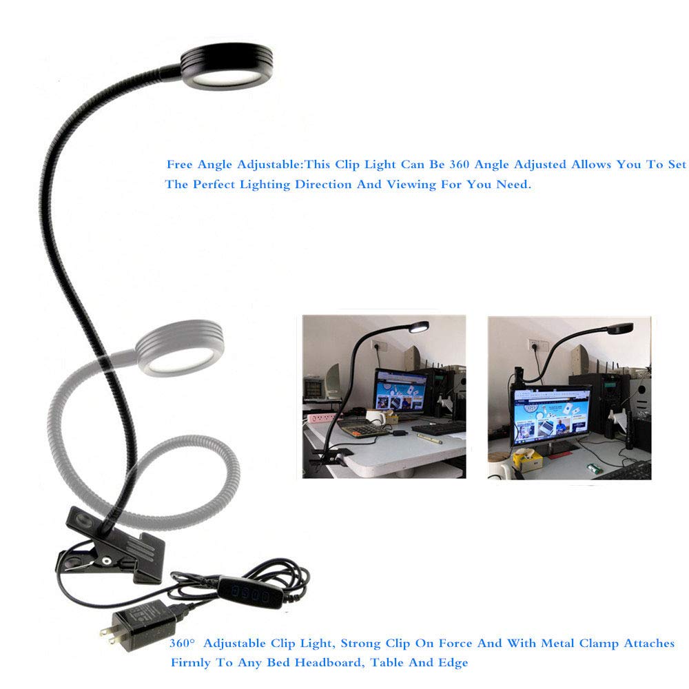 ZSGoes 2 Pack Clamp Gooseneck LED Desk Lamp, Clip on Bendable Steel Light, C-clamp Sewing Machine Table Mount, 360degree Flexible Neck 3 Colors 10 Level Brightness (Clamp)