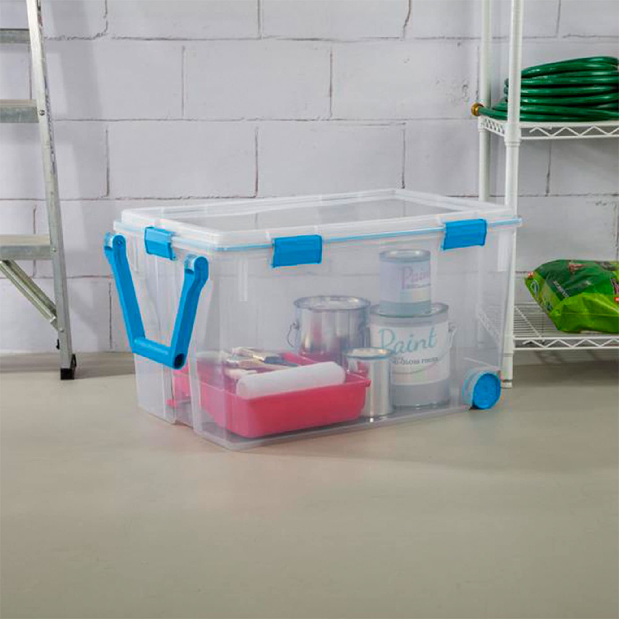 Sterilite 120 Qt Wheeled Gasket Box, Stackable Storage Bin with Latching Lid, Handle and Tight Seal, Plastic Container with Clear Base and Lid, 9-Pack