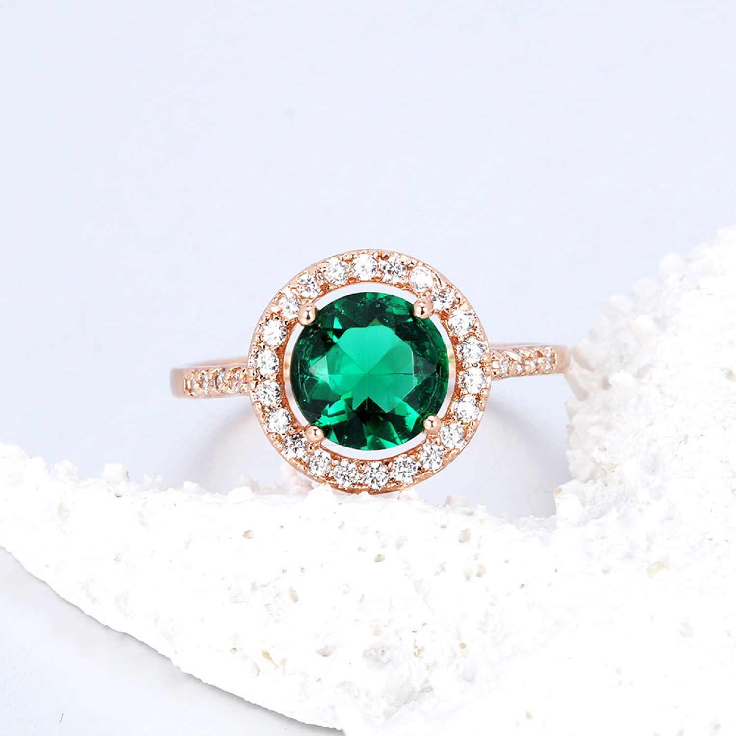 XINQI 14K Rose Yellow Gold Natural Emerald Rings Engagement Wedding CZ Band for Women (6)