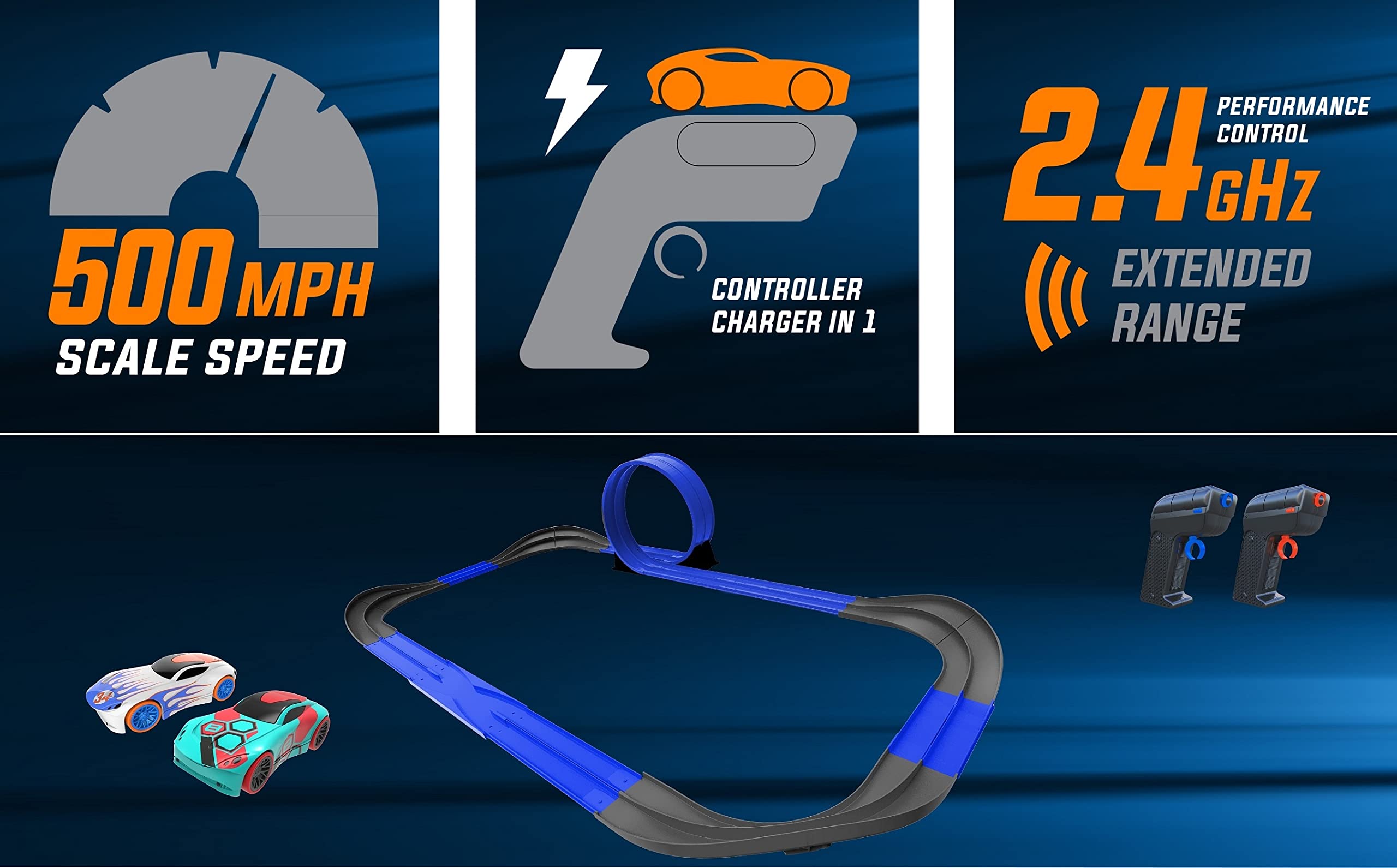 Tracer Racers 2.4 GHz Radio Control Remote Slot-Less, Cordless Racing Blazin' Loop Speedway Track Set with Two Cars