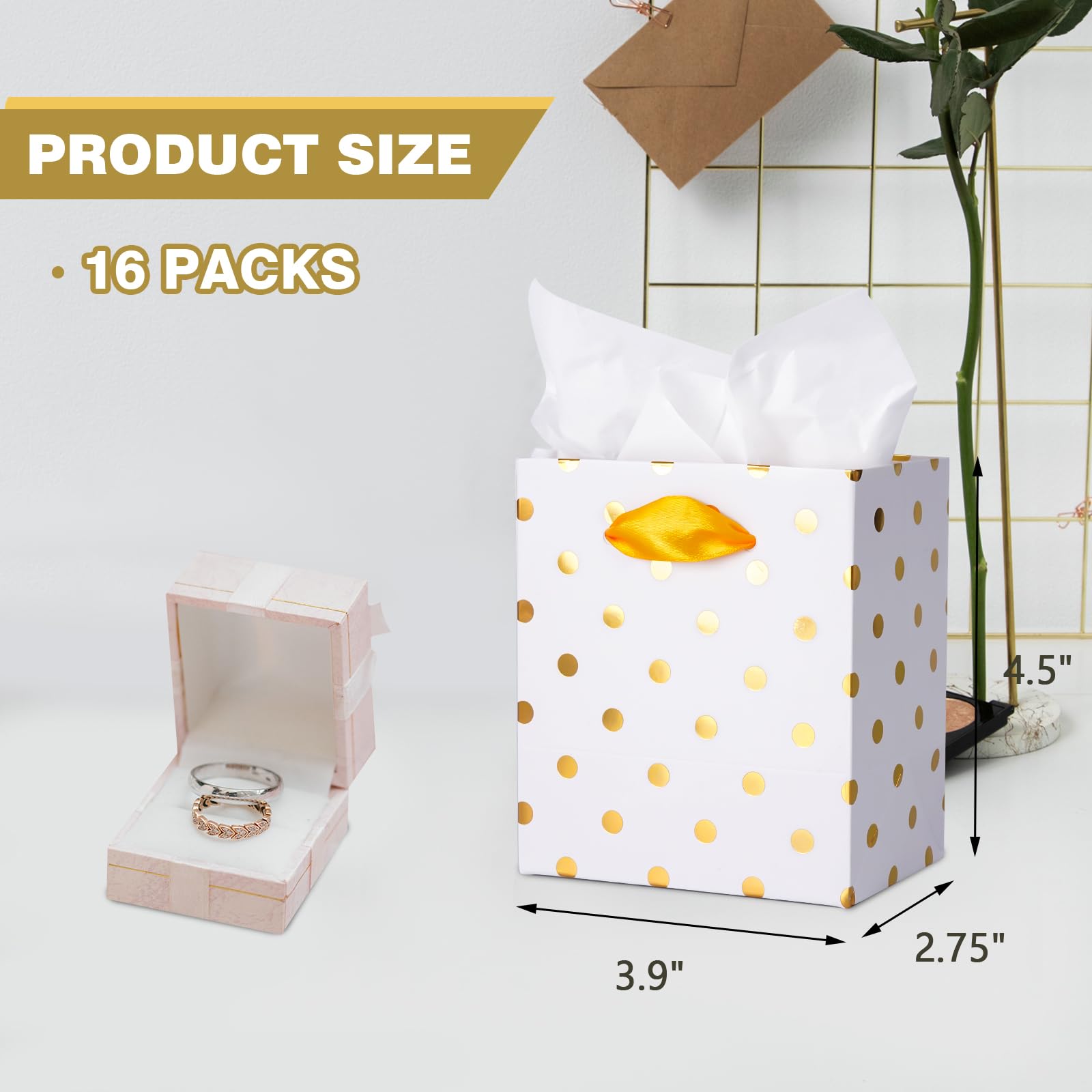 Plauthus 16 Pack Mini Gift Bags with Handles & Tissue Paper, Cute Assorted Pattern Small Gift Bags for Christmas, Holiday, Wedding, Baby Shower, Birthday Party (Gold & White-4.5β x4β x2.75β)