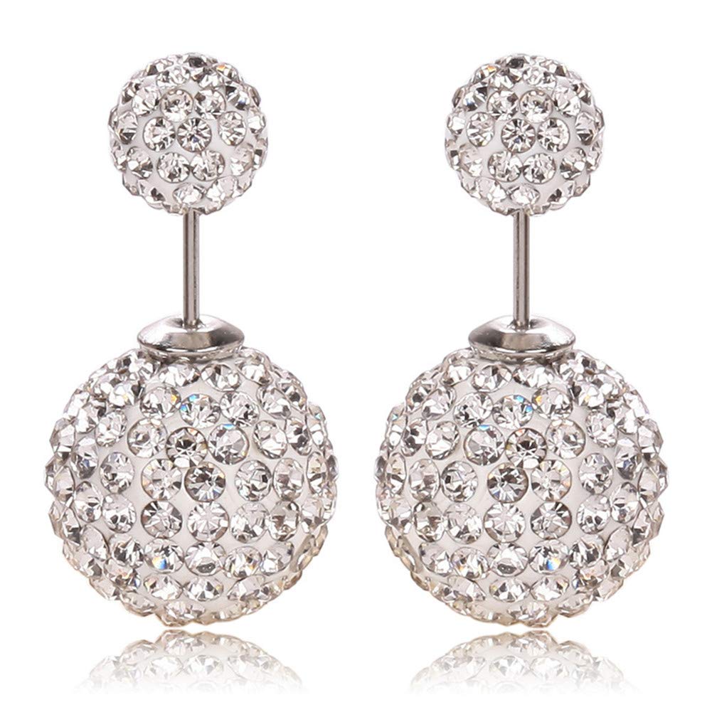 Silver Plated White Rhinestones CZ double-sided Shambhala Style two Balls Women piercing Stud Post Earrings