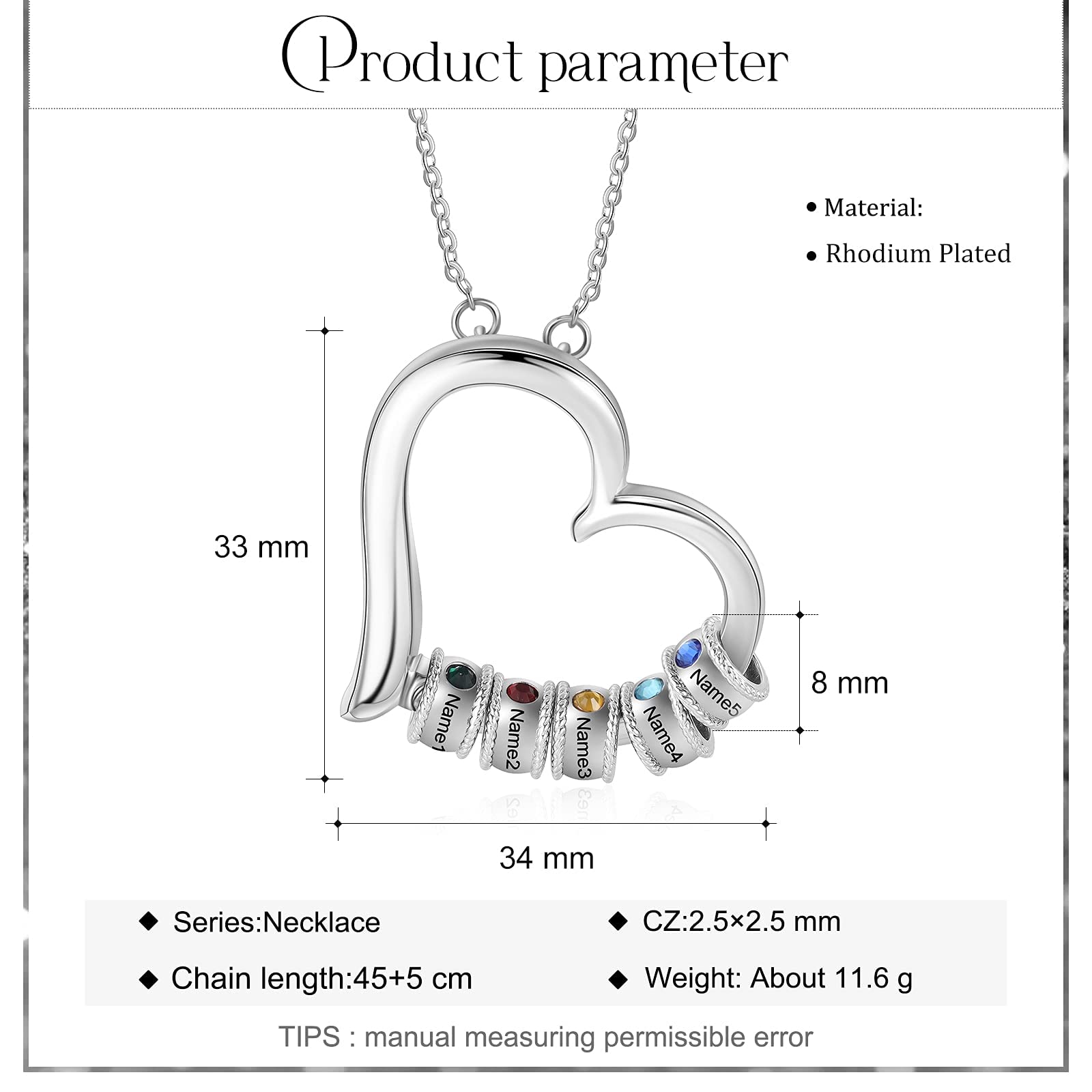 Wamantic Personalized Women's Pendant Necklace 925 Sterling Silver with 1-5 Simulated Birthstone Names Customized Heart Shape Cubic Zirconia Necklace For Christmas Gifts (5 Name&5 Stone)