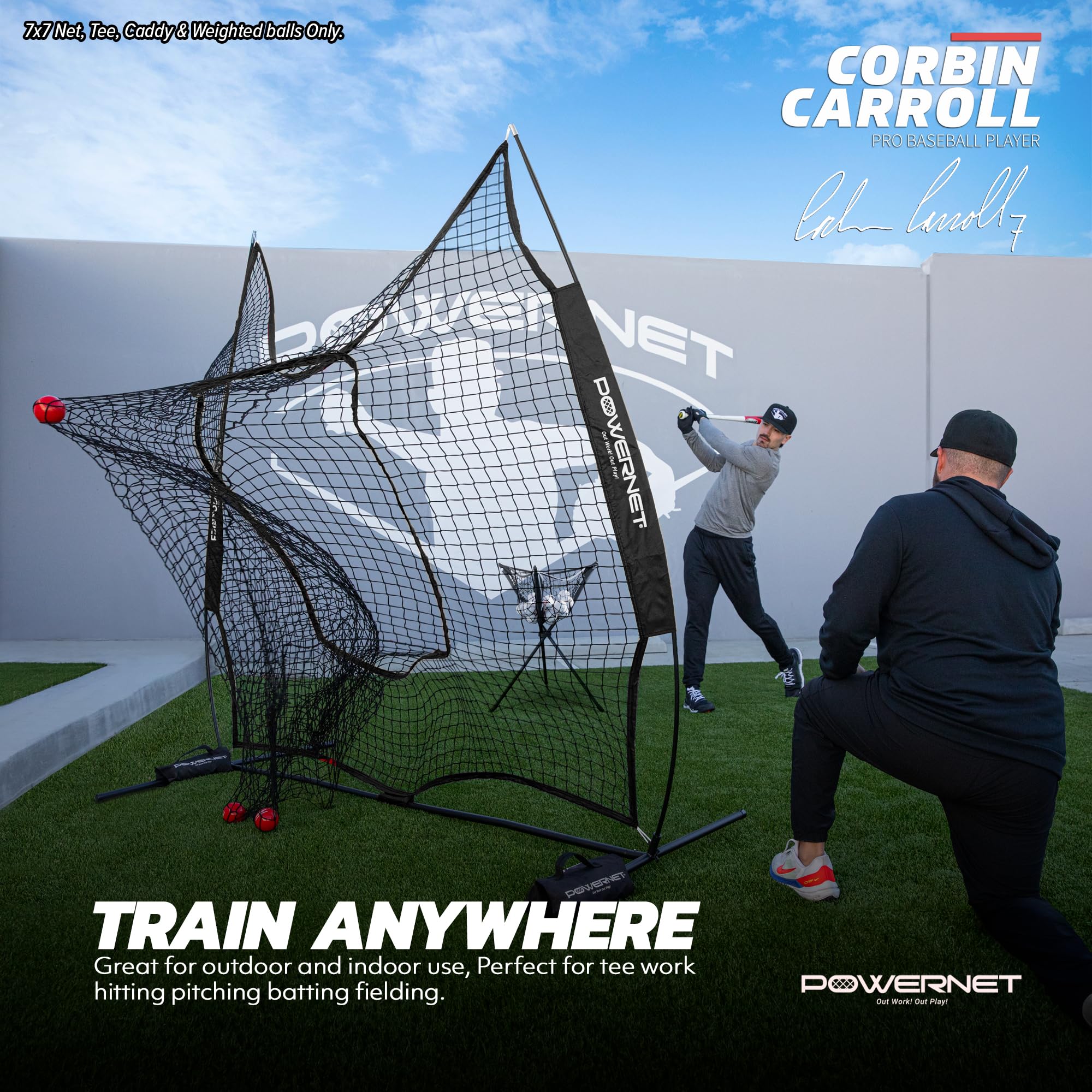 PowerNet Corbin Carroll DLX Combo 6 Piece Set for Baseball Softball | 7x7 Practice Net Bundle w/Strike Zone, Ball Caddy + 3 Weighted Training Balls | Team or Solo Training | Hitting & Throwing (Navy)