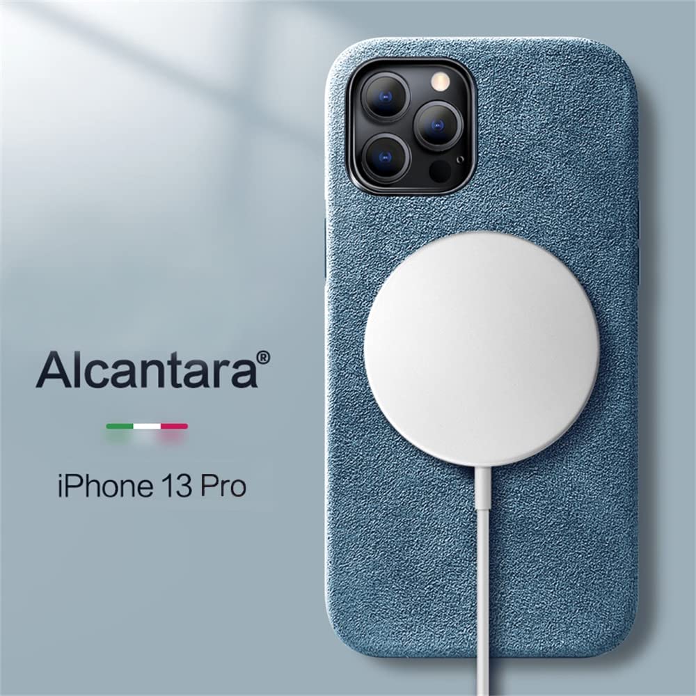PJCOLL Alcantara Suede Case for iPhone 13 Pro and Pro Max, Mag-Safe Wireless Charging Compatible, Non-Slip, Shock-Proof, Water and Heat Resistant Premium Case (iPhone 13 Pro, Baby Blue)