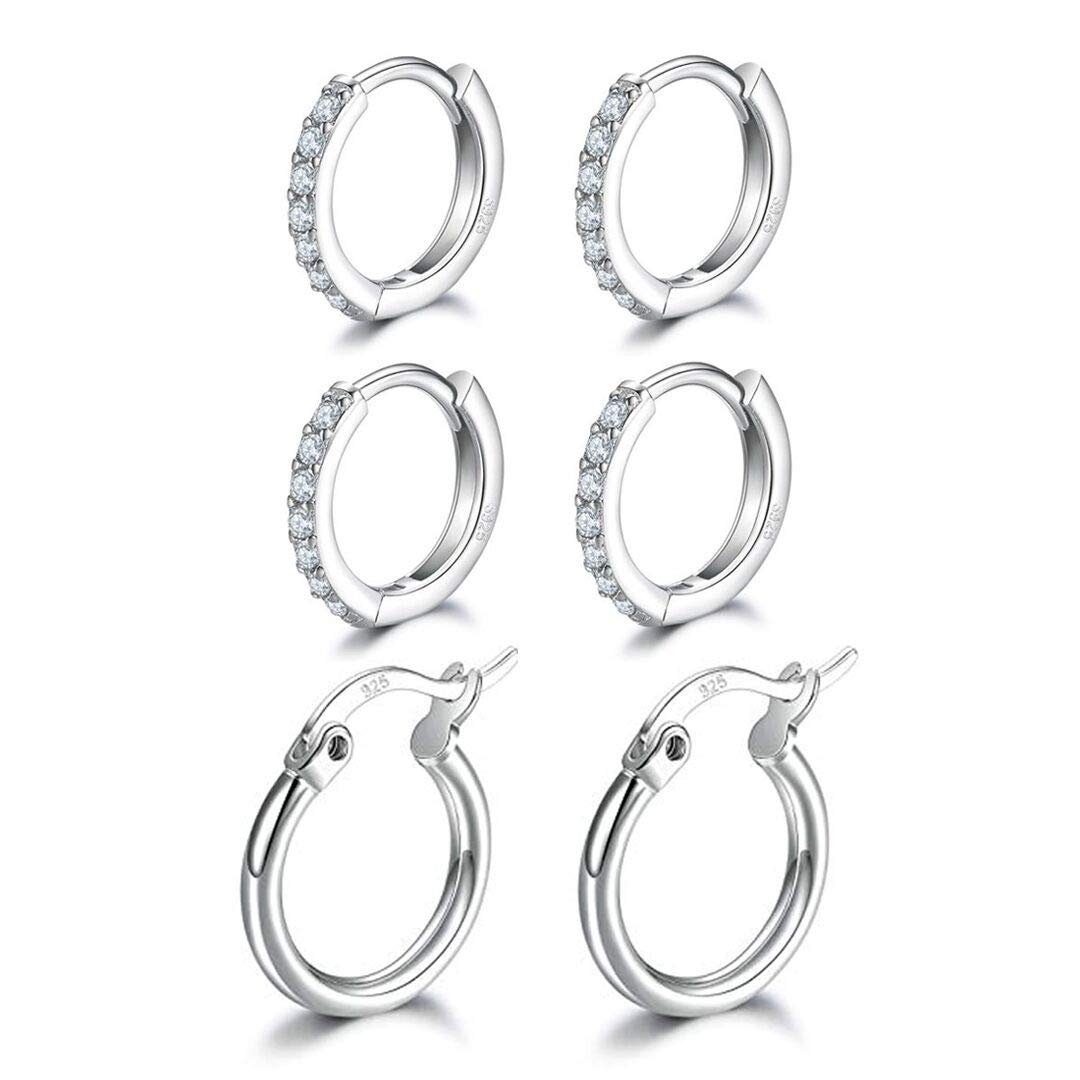 Silver Hoop Earrings- Cartilage Earring Small Hoop Earrings Set/3 Pairs of Hypoallergenic Sterling Silver hoop earrings/Cubic Zirconia Cuff Earrings for Women Men (2 pairs 10mm+1 pair 12mm)