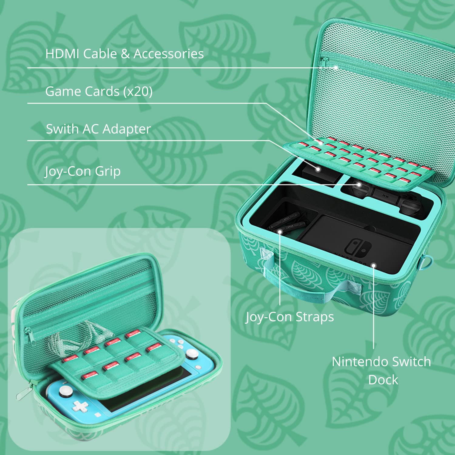 TNP Travel Hard Shell EVA Portable Kit Case for Nintendo Switch New Horizon Animal Leaf Crossing, Switch Lite, Joy-Cons, Docking Station, AC Adapter, HDMI Cord, Game Cartridges, Storage Bag