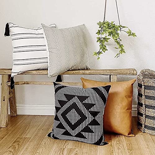 Texture + Ink Boho Pillow Covers Set of 4 Throw Pillow Covers for Sofa, Bed or Bench 100% Cotton and Faux Leather Modern Decor Pillow Cases - Aria Set 18 x 18