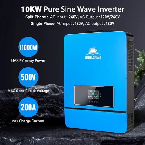 SUNGOLDPOWER 10000W DC 48V UL1741 Pure Sine Wave Solar Inverter, Built-in 2 MPPT Solar Controllers, Max. 200A Battery Charging, AC Input/Output 120V/240V(settable) Inverter Charger (10000W DC 48V)