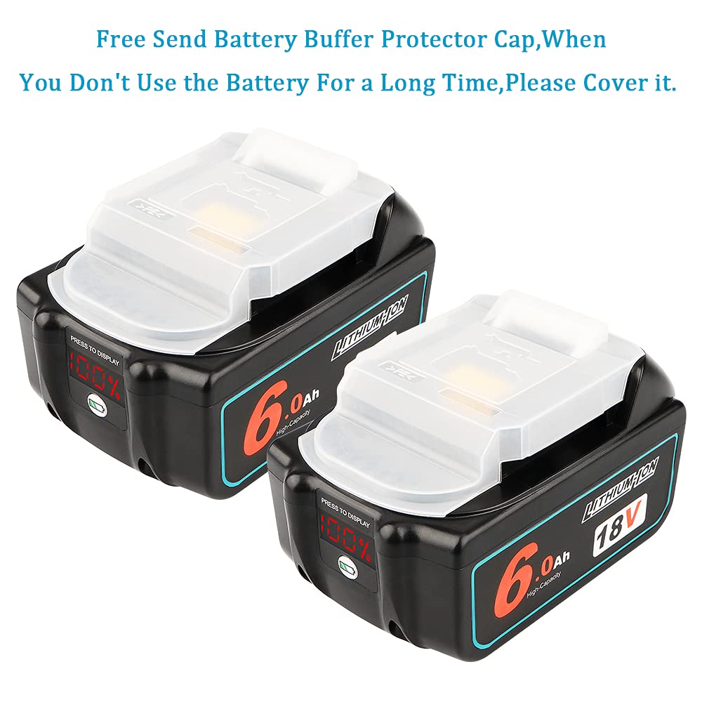 TENMOER 2-Pack 18V 6.0Ah BL1860 Replacement Battery Compatible with Makita 18V BL1830B BL1860B BL1840B BL1815 with Digital Indicator