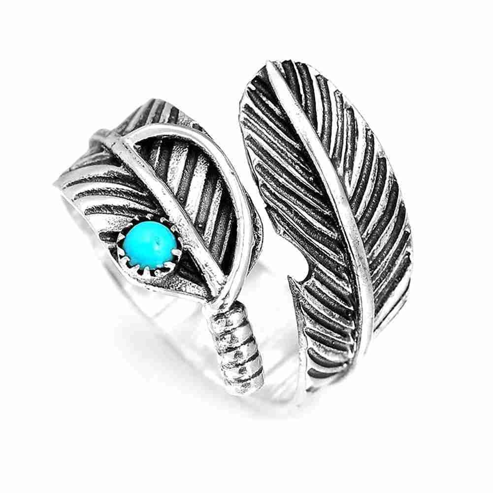 weeee Stainless Steel Feather Turquoise Ring Feather Boho Wide Nature Ring Adjustable Silver Turquoise Feather Ring for Women Men
