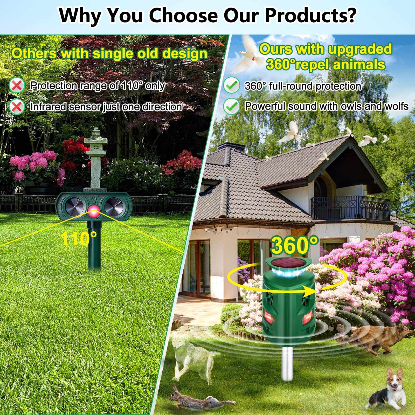 Solar Animal Repeller, 360°Ultrasonic Animal Repeller, Cat Repellent Outdoor,Dog Repellent, Motion Sensor & Flashing Light, Repel Dogs,Deer, Fox, Raccoon, Skunk, Rabbit, Squirrels.Coyote Deterrent