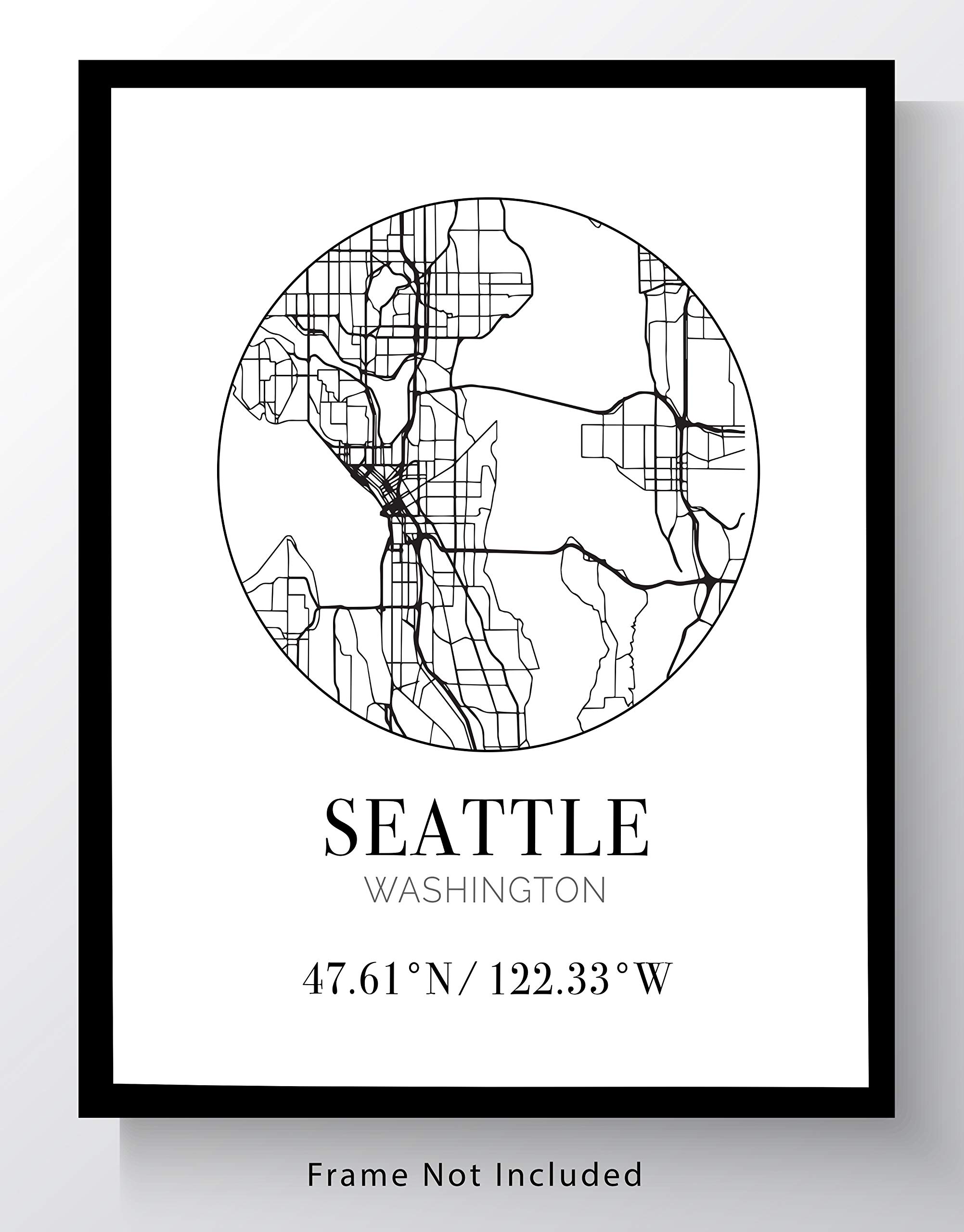 Seattle WA City Street Map Wall Art - 11x14 UNFRAMED Modern Abstract Black & White Aerial View Decor Print with Coordinates. Makes a great Seattle Washington-Themed Gift.