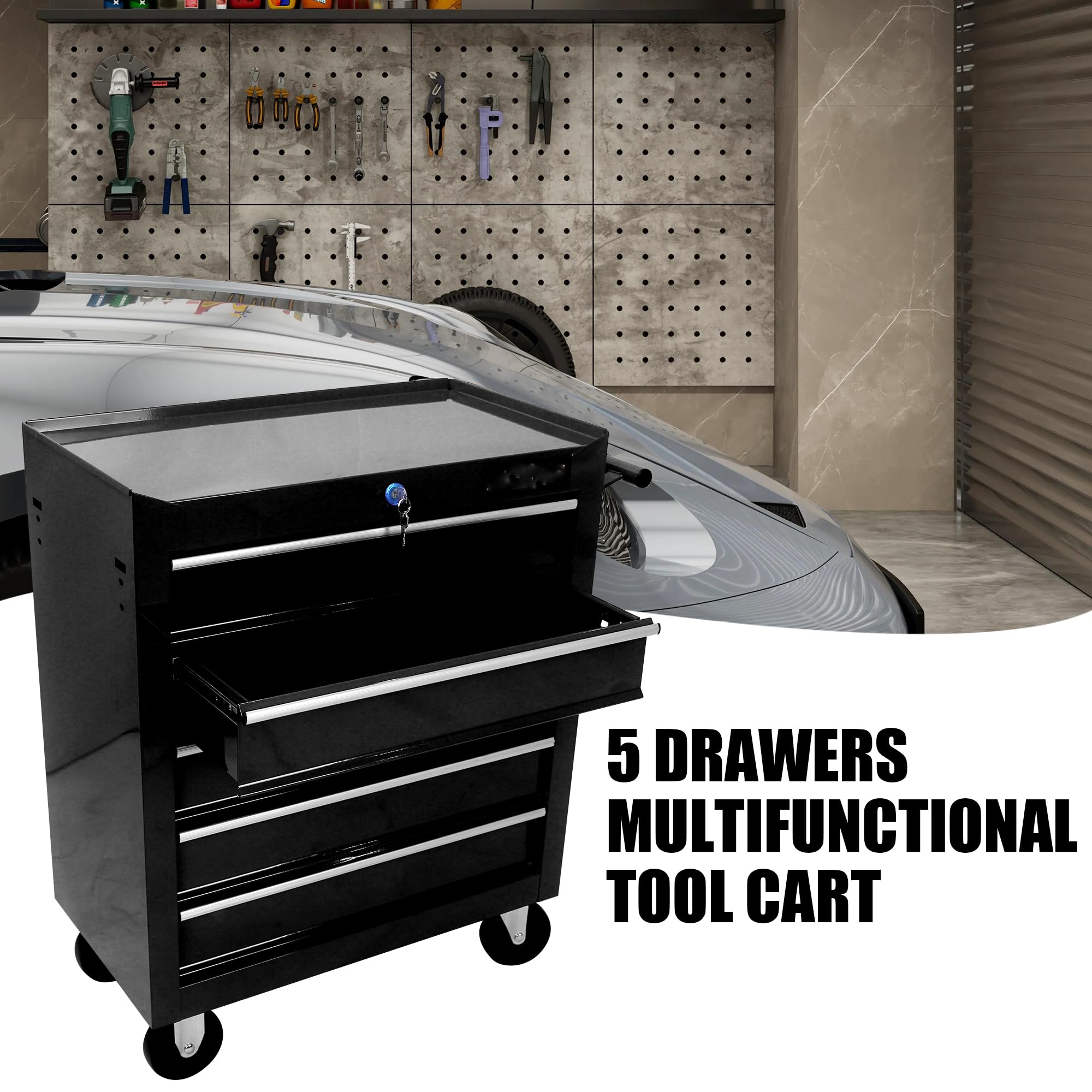 PULLAFUN 5 Drawers Tool Cart on Wheels, Rolling Tool Chest Cabinet with Lock, Multifunctional Tool Box for Workshop Garage Repair Shop Warehouse