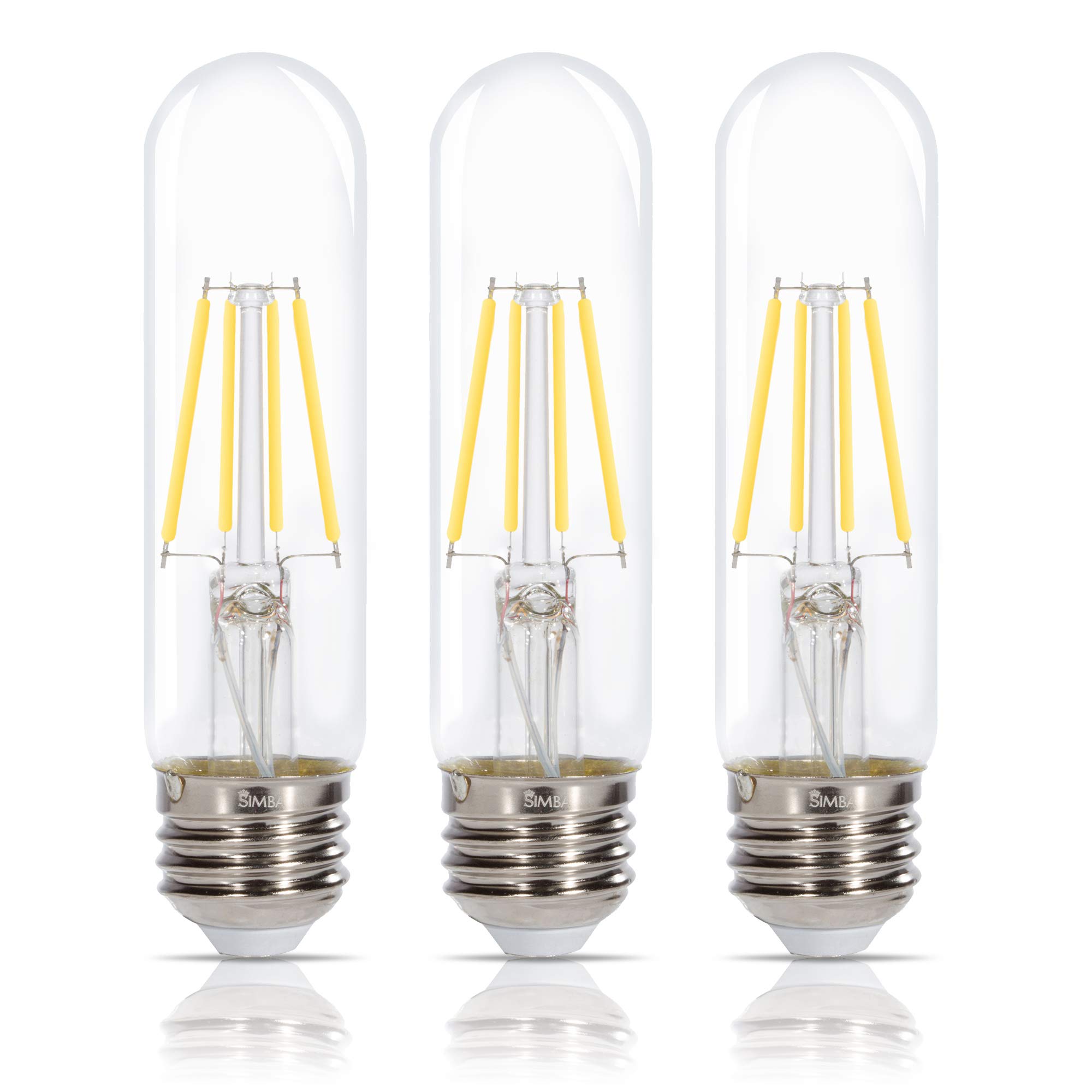 Simba Lighting LED T10 Tubular Edison Filament Light Bulbs (3 Pack) 6W Dimmable 60W Equivalent 120V for Cabinet Display, Piano Lamps, Clear Glass Decorative, Standard E26 Base, Natural White 4000K