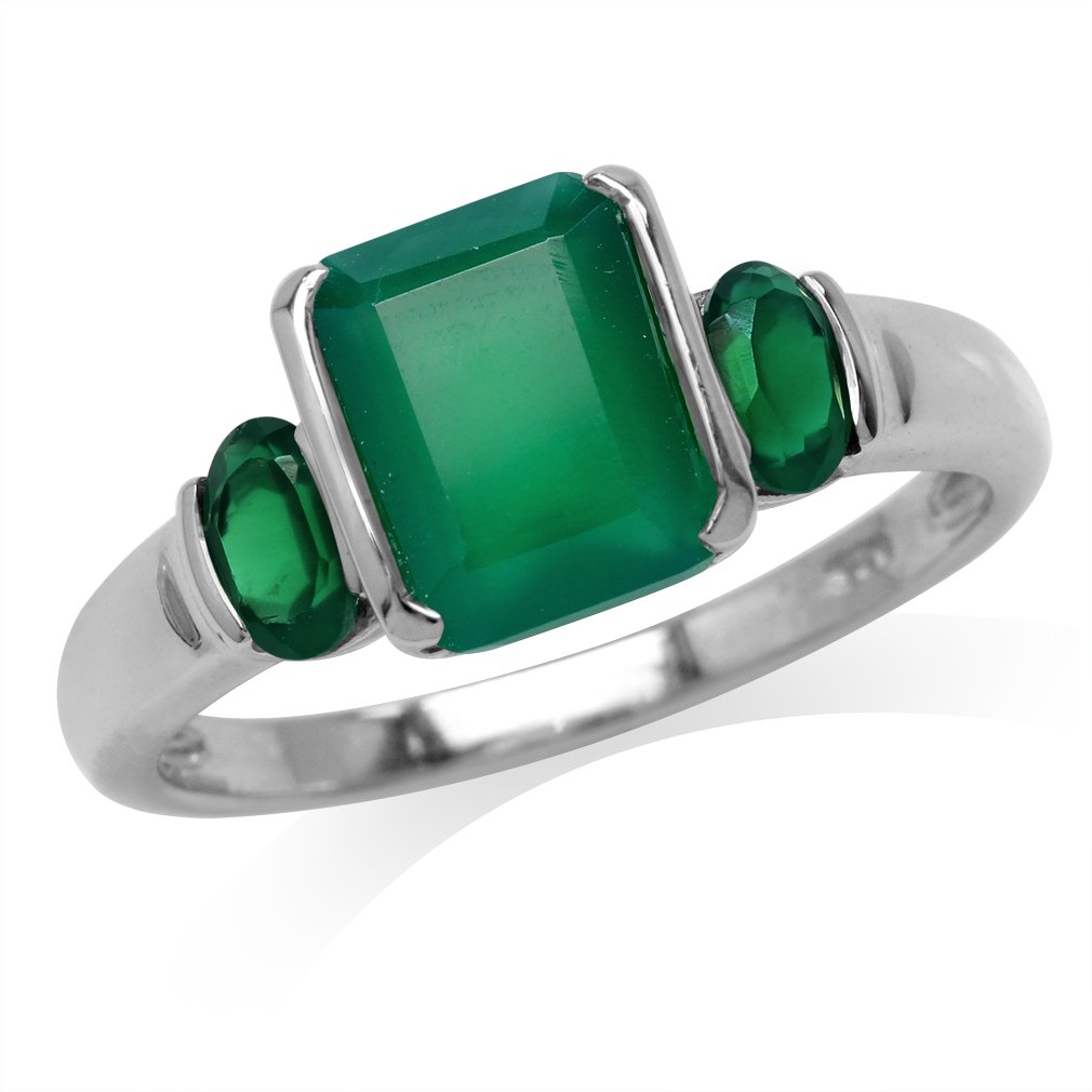 Silvershake 2.64ct. 9X7mm 3 Stone Natural Octagon Shape Emerald Green Agate 925 Sterling Silver Ring Size 8