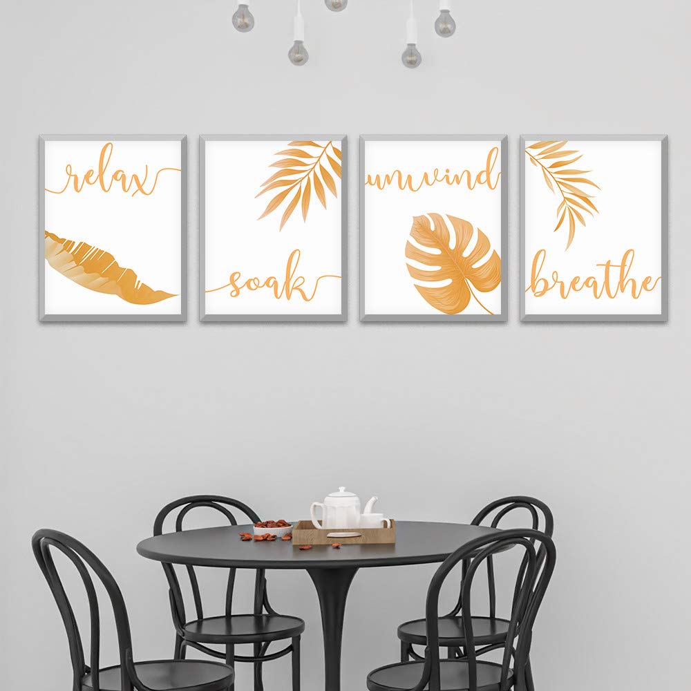 Terracotta Bathroom Decor - Relax,Soak,Unwind,Breathe Leaves Wall Art - Set of 4 8 x 10 Unframed Prints - Yoga Studio Art - Spa Decorative Photos - Home, Office, Classroom,Dorm Palm Tree Leaf Monstera