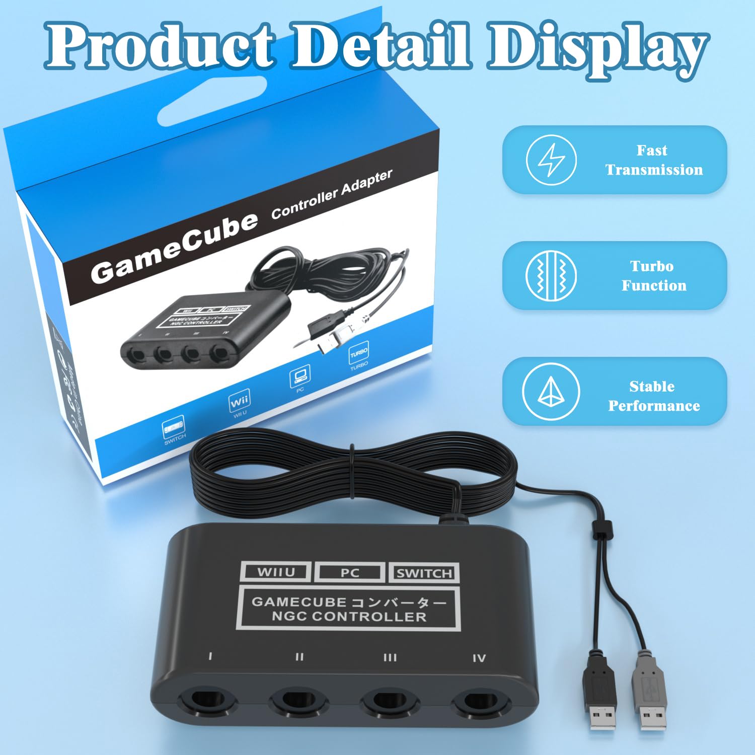 pdobq Gamecube Controller Adapter for Nintendo Switch Gamecube Adapter, Super Smash Bros Gamecube Adapter for Wii u/Switch/PC USB, Support 4 Gamecube Controller and 180cm Long Data Cable