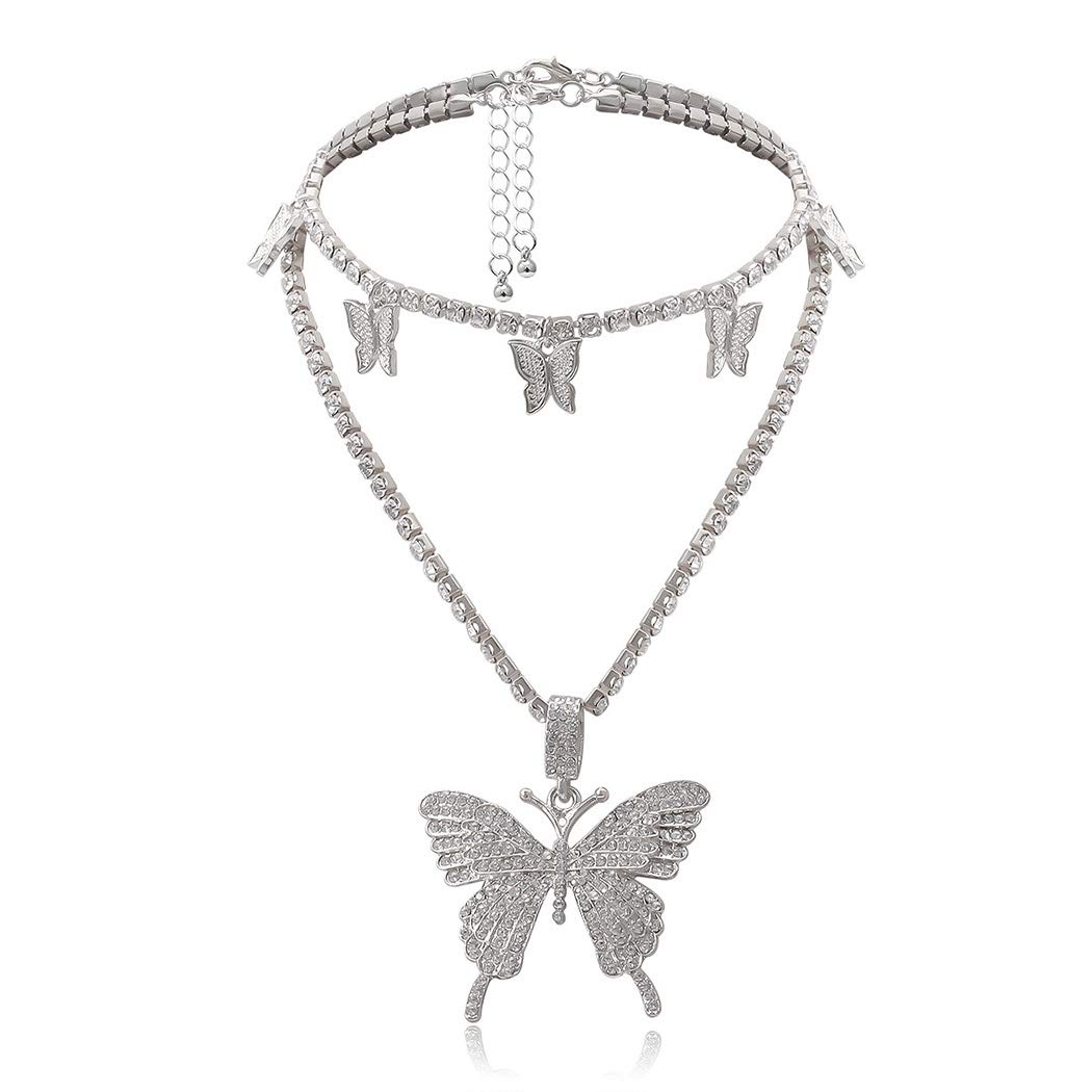 Zoestar Butterfly Choker Necklace Gorgeous 2 Layered Crystal Pendant Necklaces Sparkly Butterfly Chain Jewelry for Women